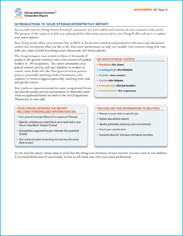 Strong Interest Inventory Profile & Interpretive | Sample Report